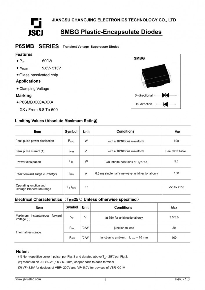P6SMB series datasheet page 1