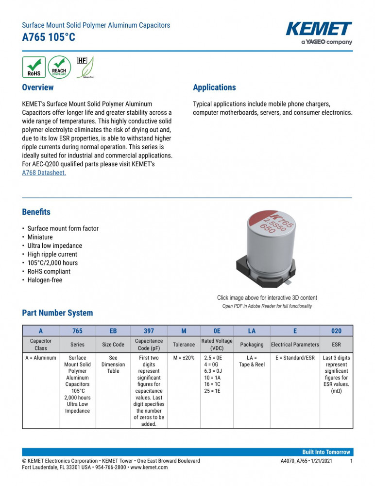 KEMET A765 datasheet page 1