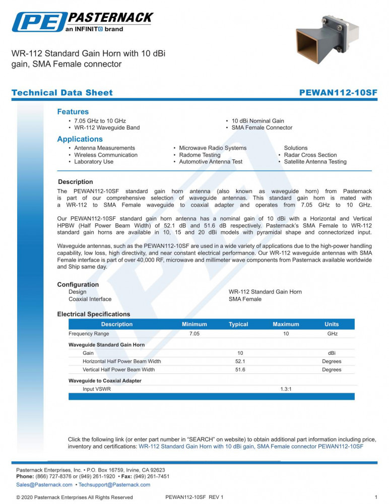 PEWAN112-10SF technical data sheet page 1