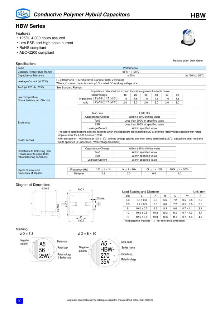 Lelon HBW series datasheet page 1