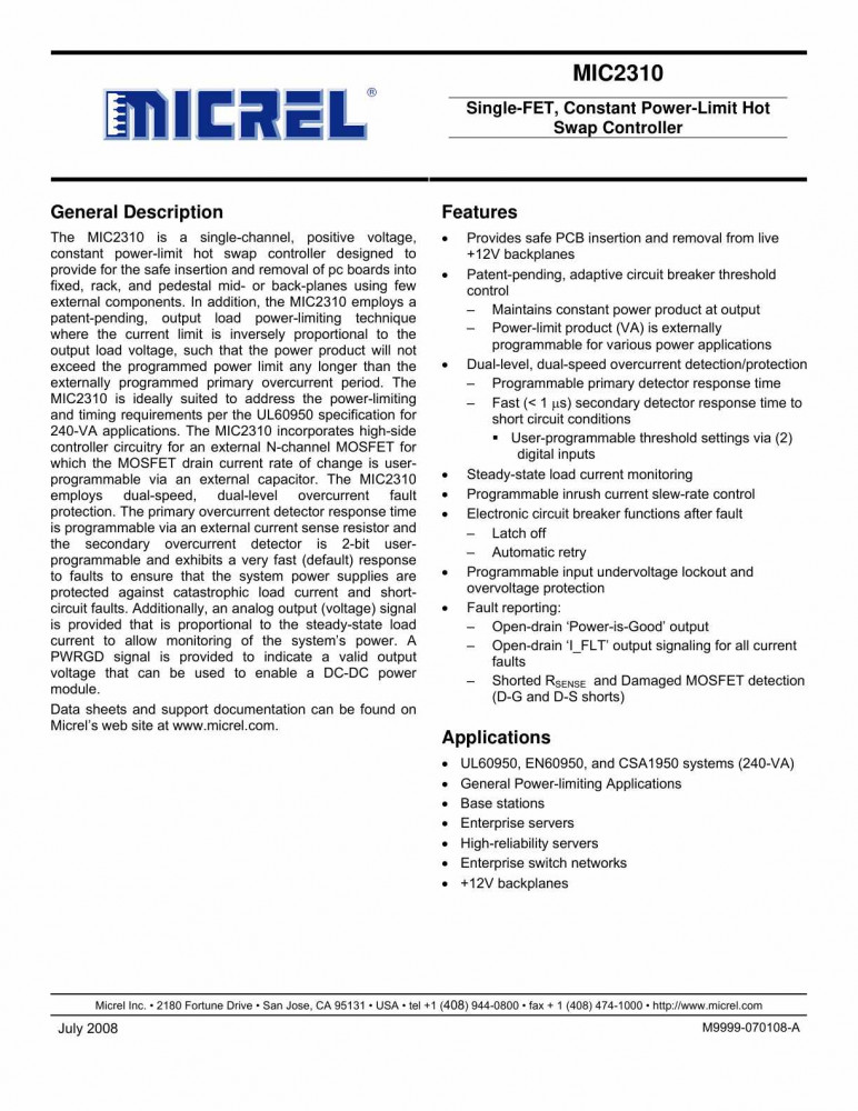 MIC2310 datasheet page 1
