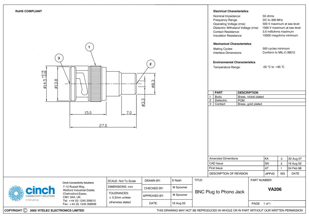 VA206 BNC plug to phono jack technical drawing