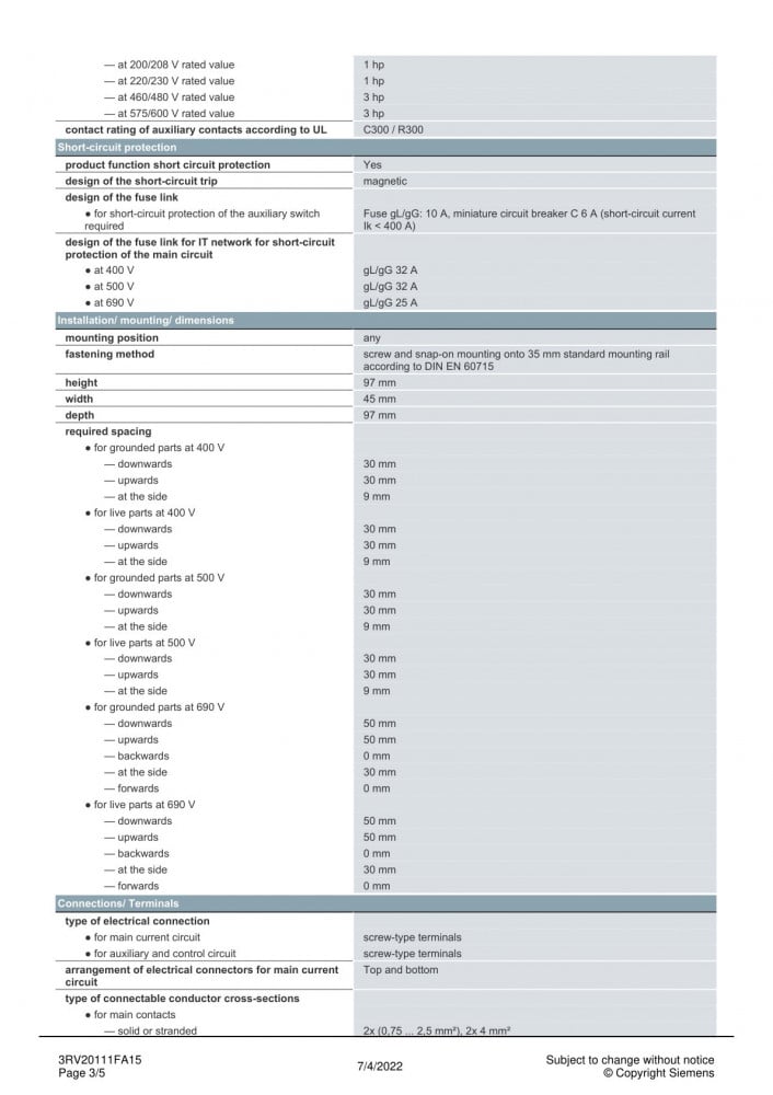 3RV20111FA15 datasheet page 3