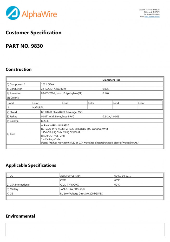 Alpha Wire 9830 BK005 technical document page 1