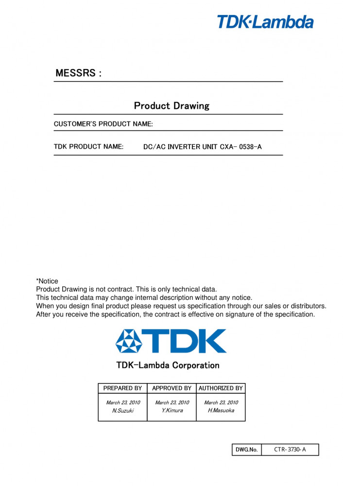 CXA-0538-A product drawing, page 1