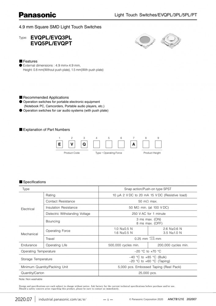 EVQPT9A15 datasheet page 1