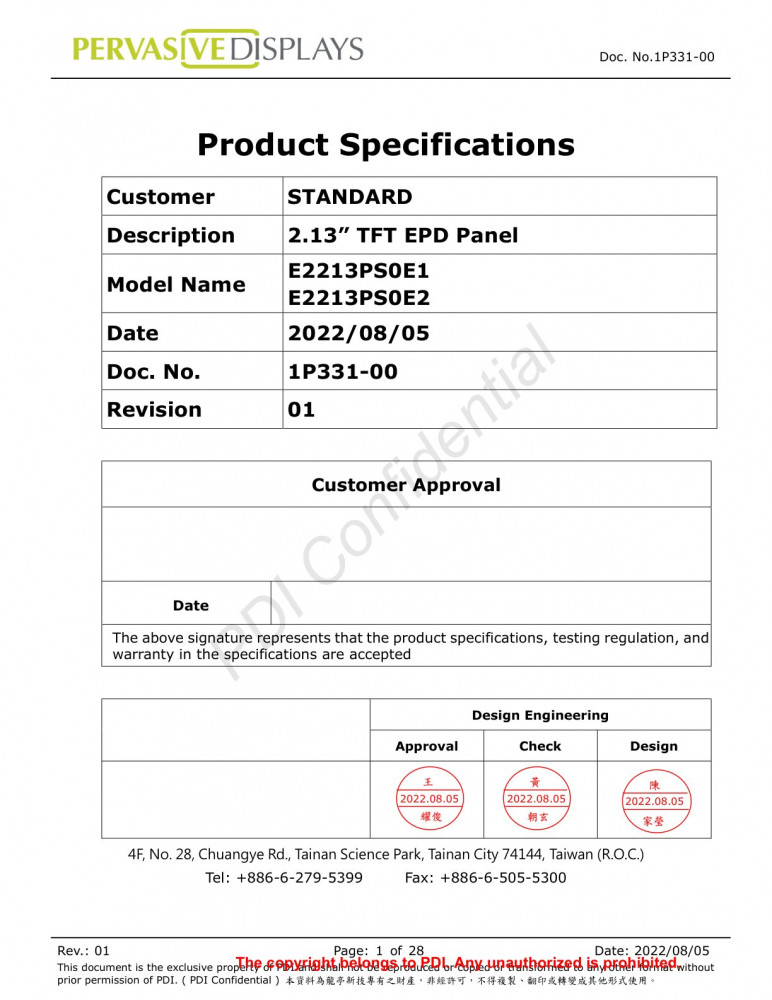 E2213PS0E1 specification page 1