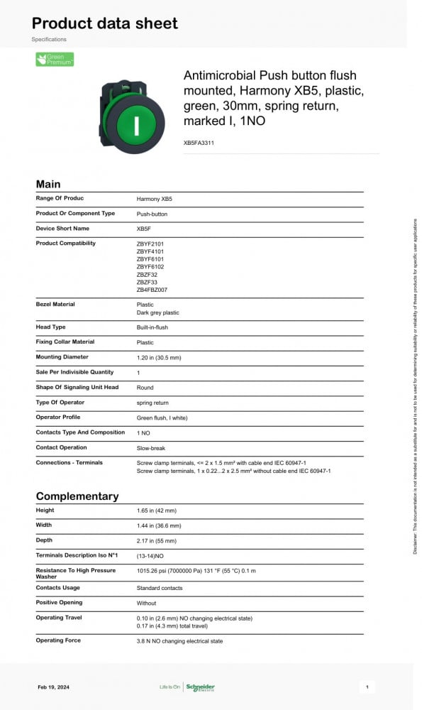 XB5FA3311 technical document page 1