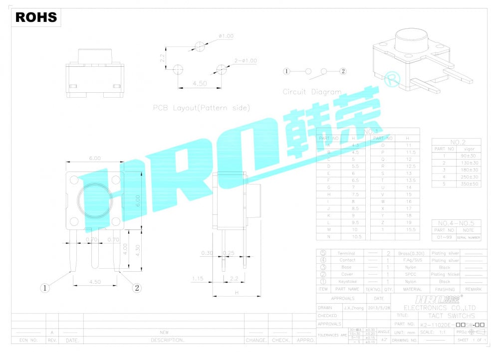 K2-1102DE-F4SW-04 tactile switch drawing
