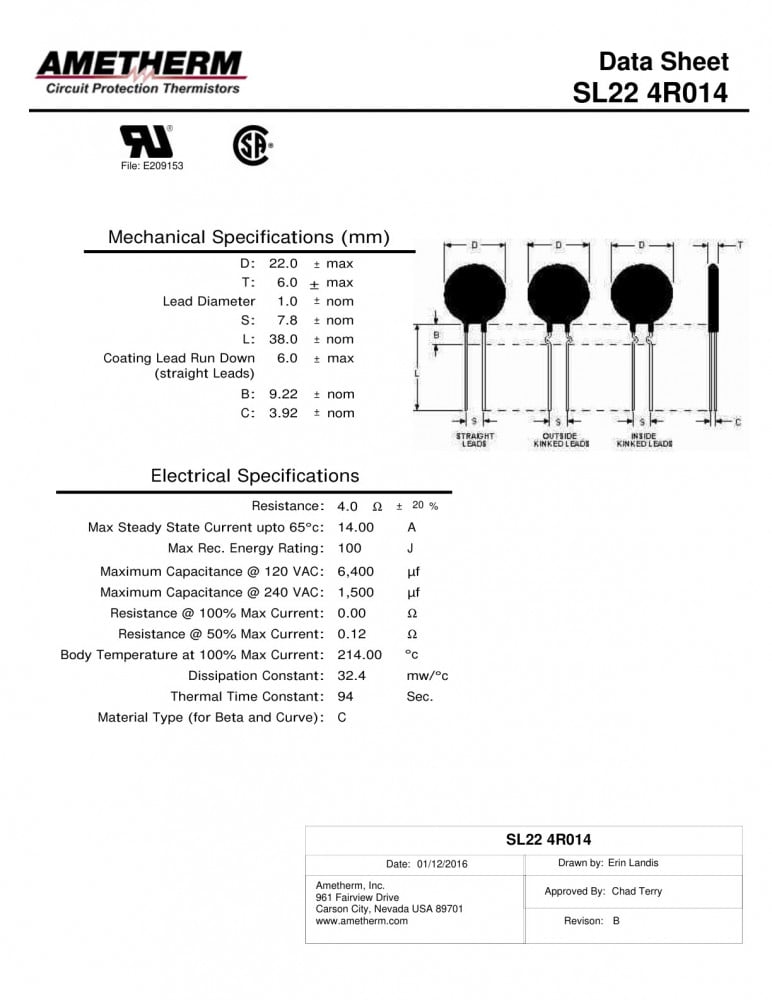 Ametherm SL22 4R014-B technical document preview