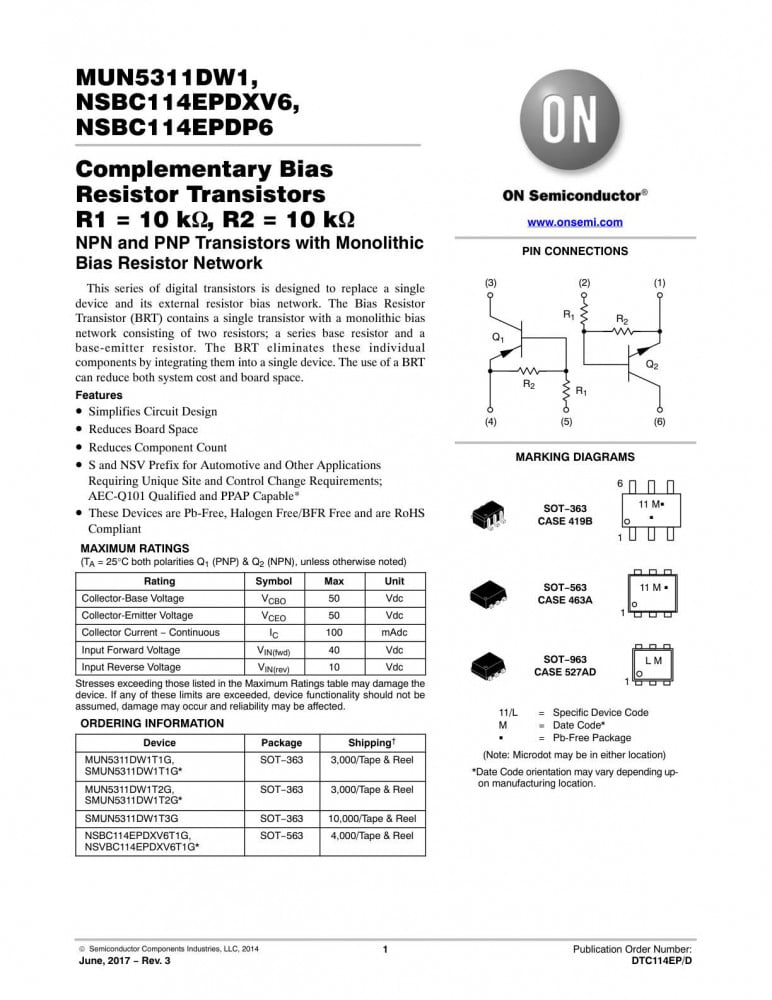 MUN5311DW1T1G datasheet page 1