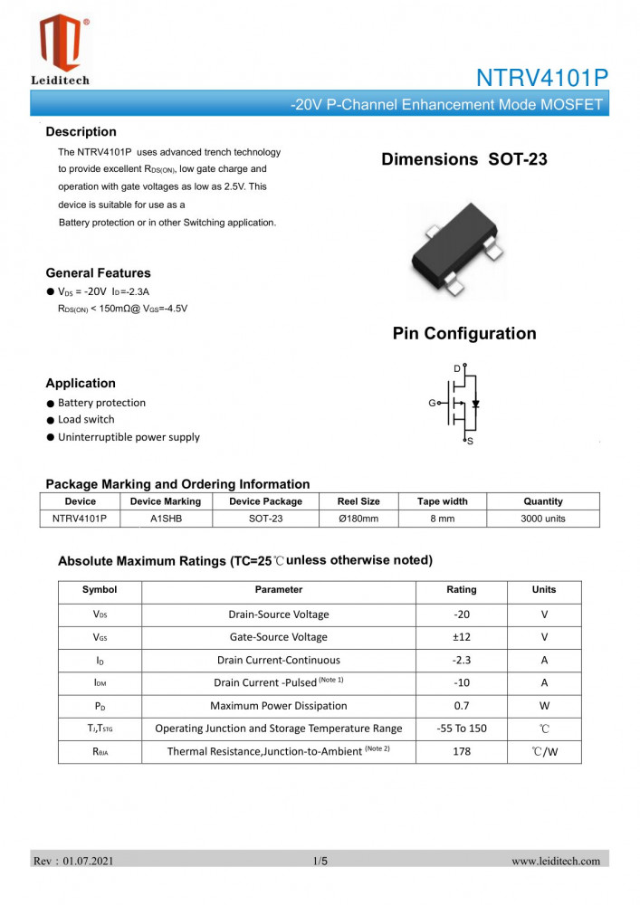 NTRV4101P datasheet page 1