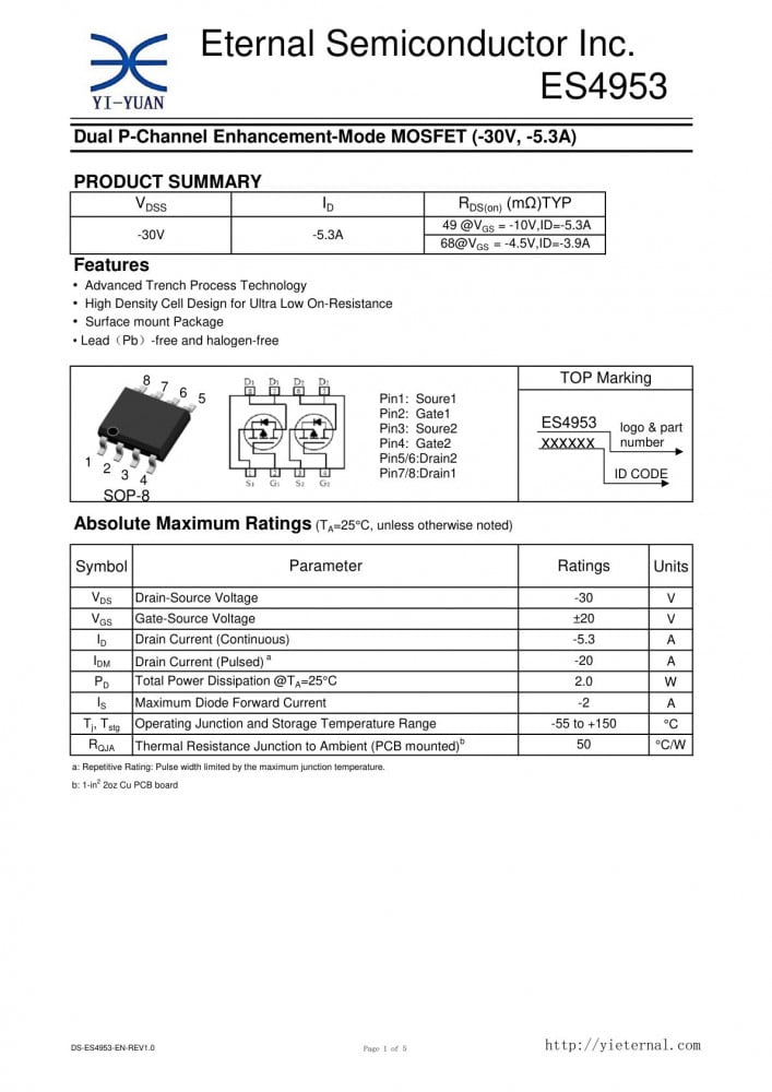 ES4953 datasheet page 1