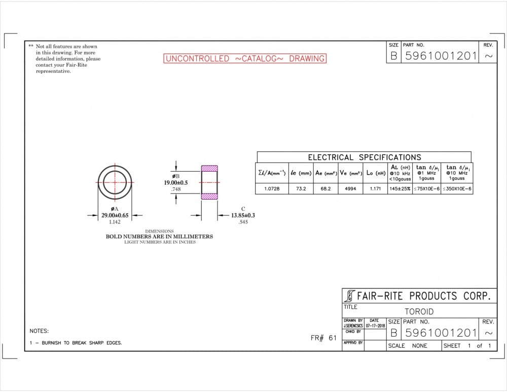 Fair-Rite 5961001201 technical document page