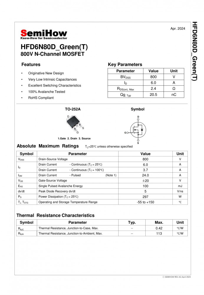 HFD6N80D datasheet page 1