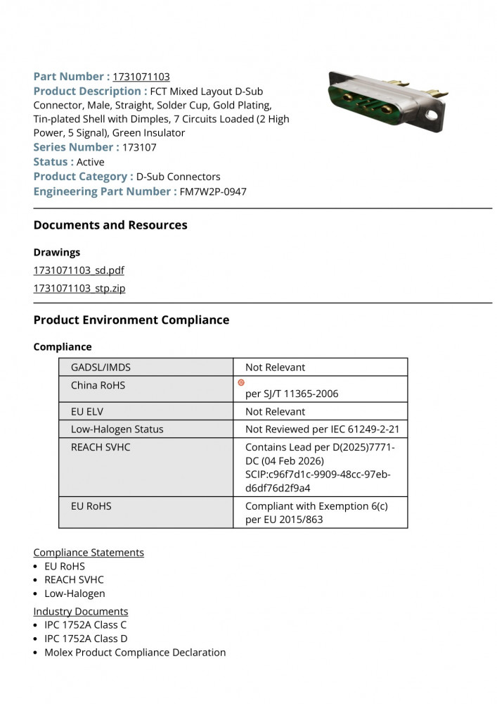 MOLEX 1731071103 technical document preview, page 1