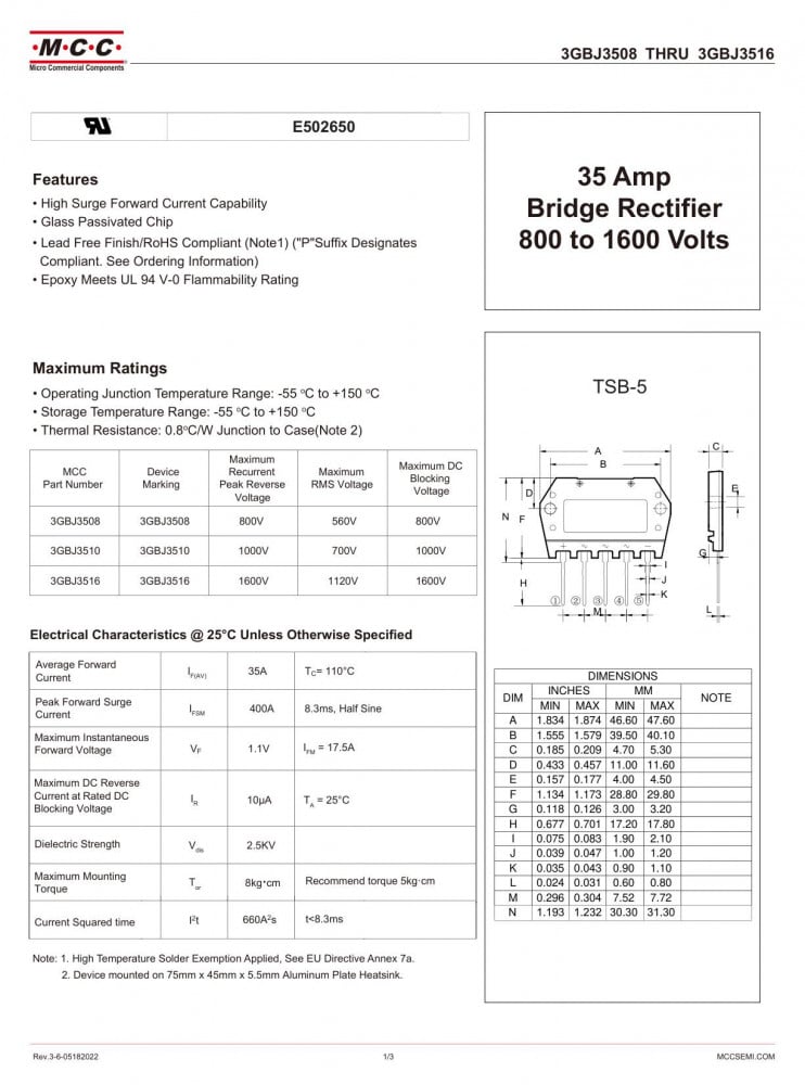 MCC 3GBJ3508-BP datasheet page 1