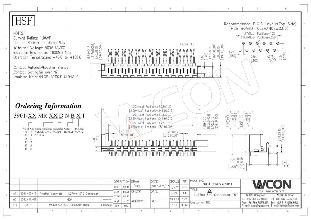 Wcon 3901 series connector technical drawing