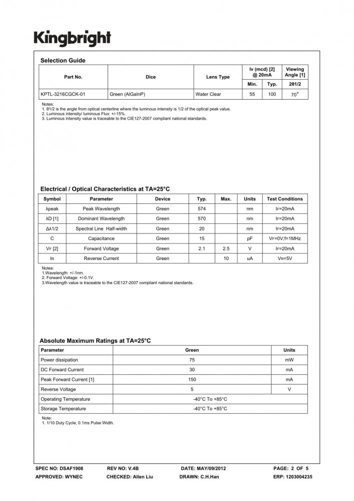 KPTL-3216CGCK-01 datasheet page 2