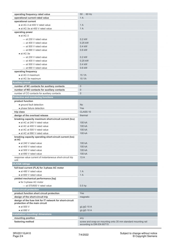 SIEMENS 3RV20110JA10 technical document page 2