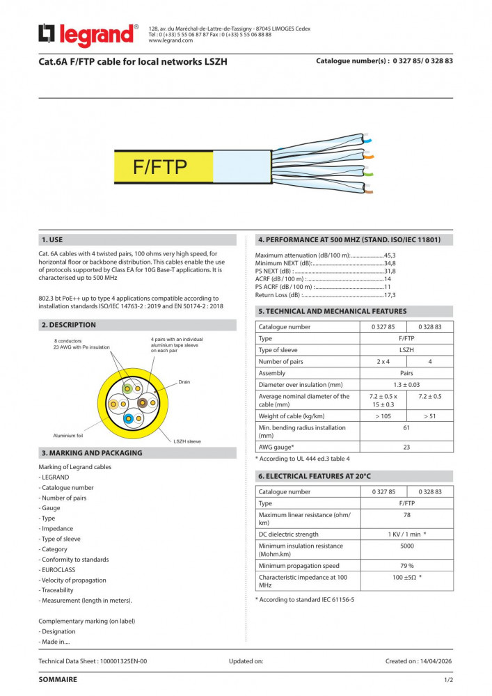 Legrand cable technical document, page 1