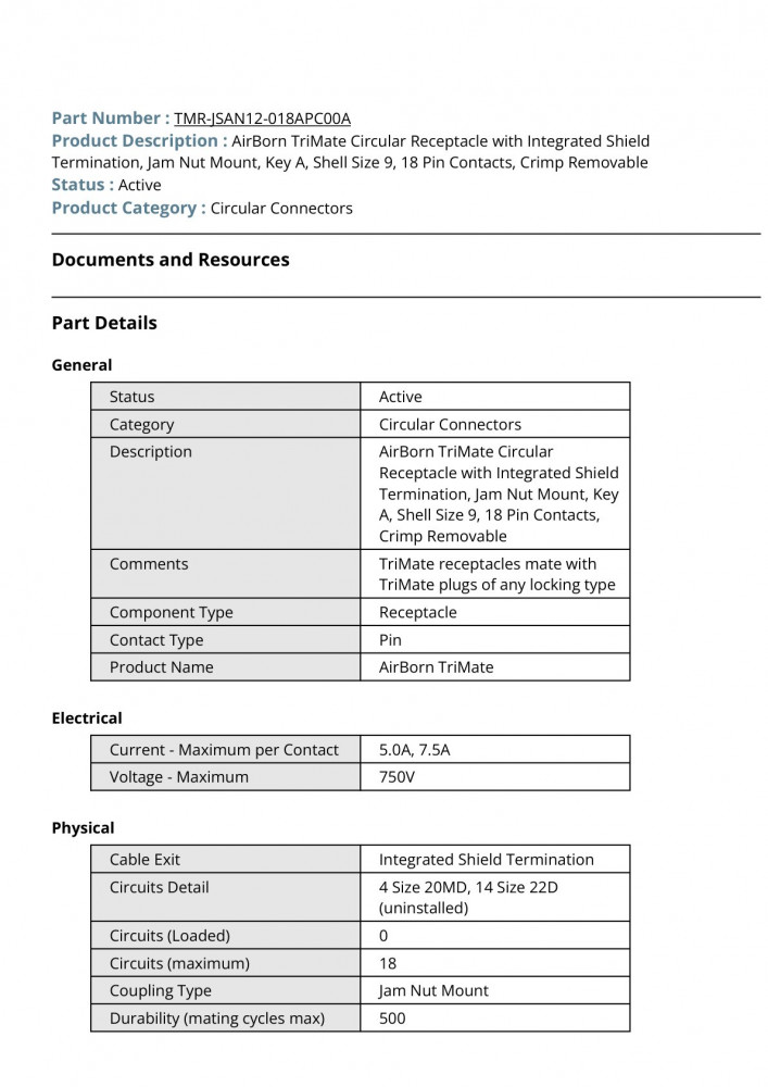 Technical document page 1 for the AirBorn TriMate circular receptacle
