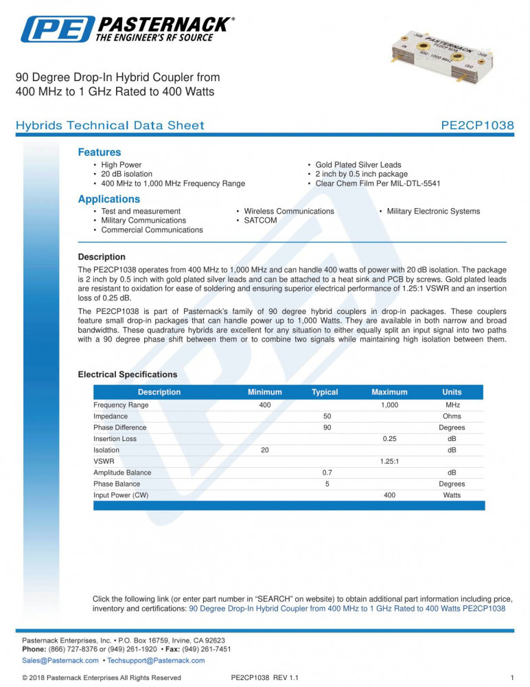 PE2CP1038 technical data sheet page 1