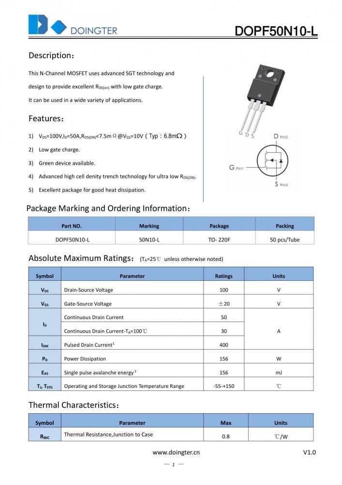 DOPF50N10-L datasheet page 1