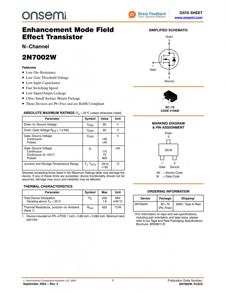 2N7002W datasheet page 1
