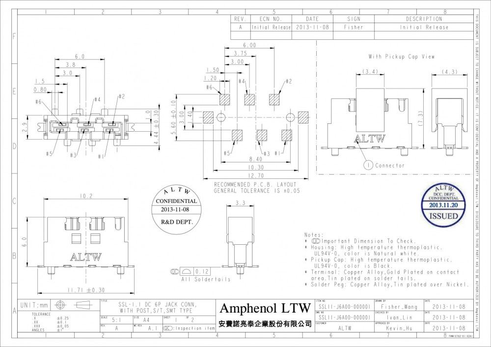 Amphenol SSL11-J6A00-000001 technical drawing page 1