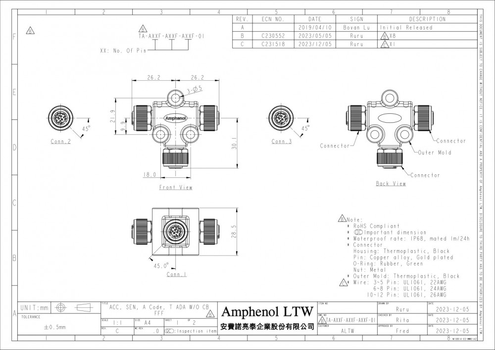 Amphenol TA-A05F-A05F-A05F-01 technical drawing page 1