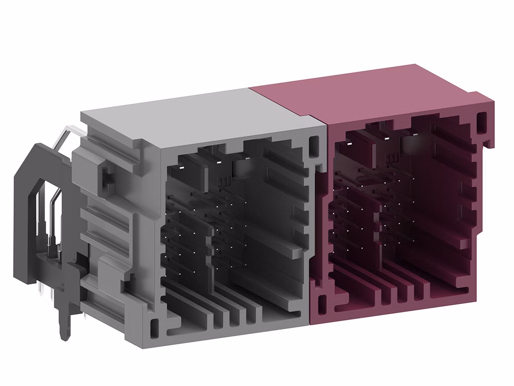 stAK50h 2 Bay Right-Angle Hybrid Header, 53 Circuits, Bay 1: 28 Circuits/Key 1/Dark Gray; Bay 2: 25 Circuits/Key 1/Green; Tray
