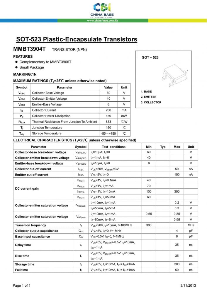 CBI MMBT3904T datasheet page 1