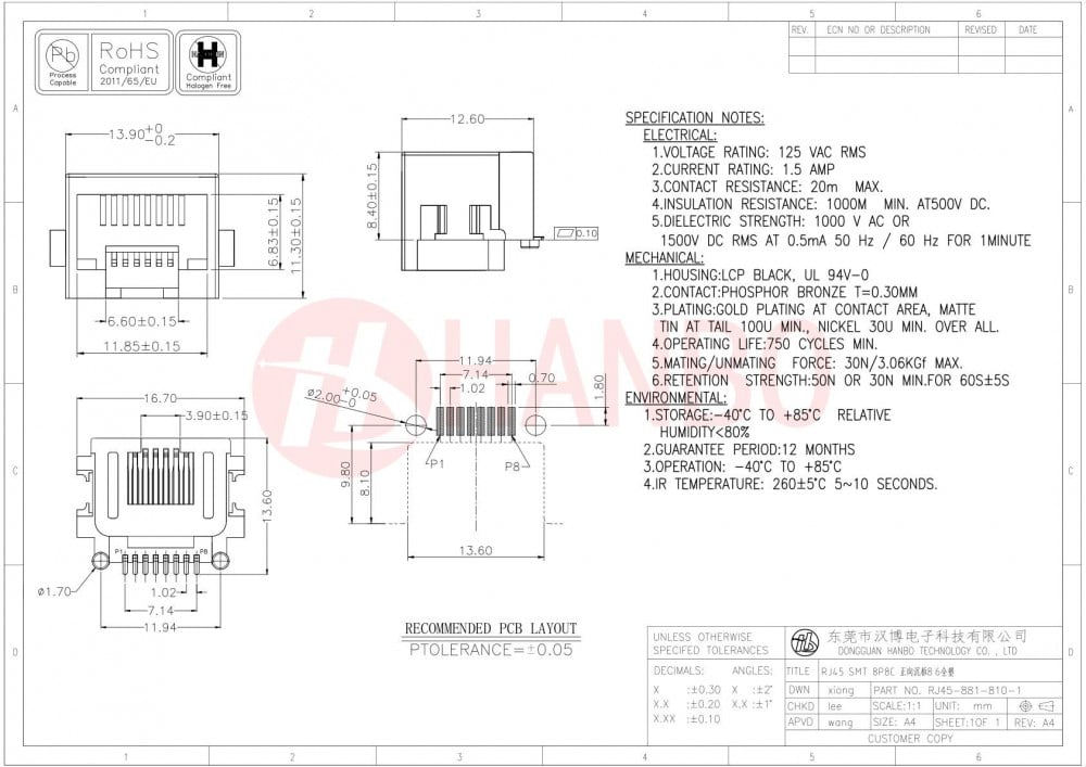 RJ45-881-810-1 technical drawing