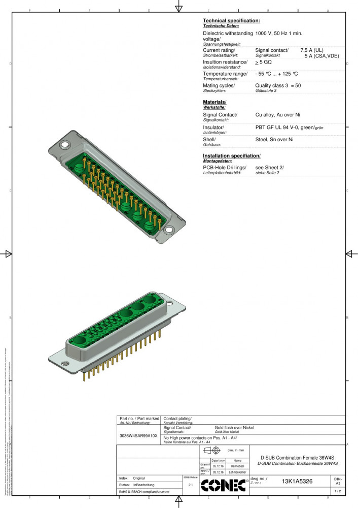 Conec 3036W4SAR99A10X technical drawing, sheet 1
