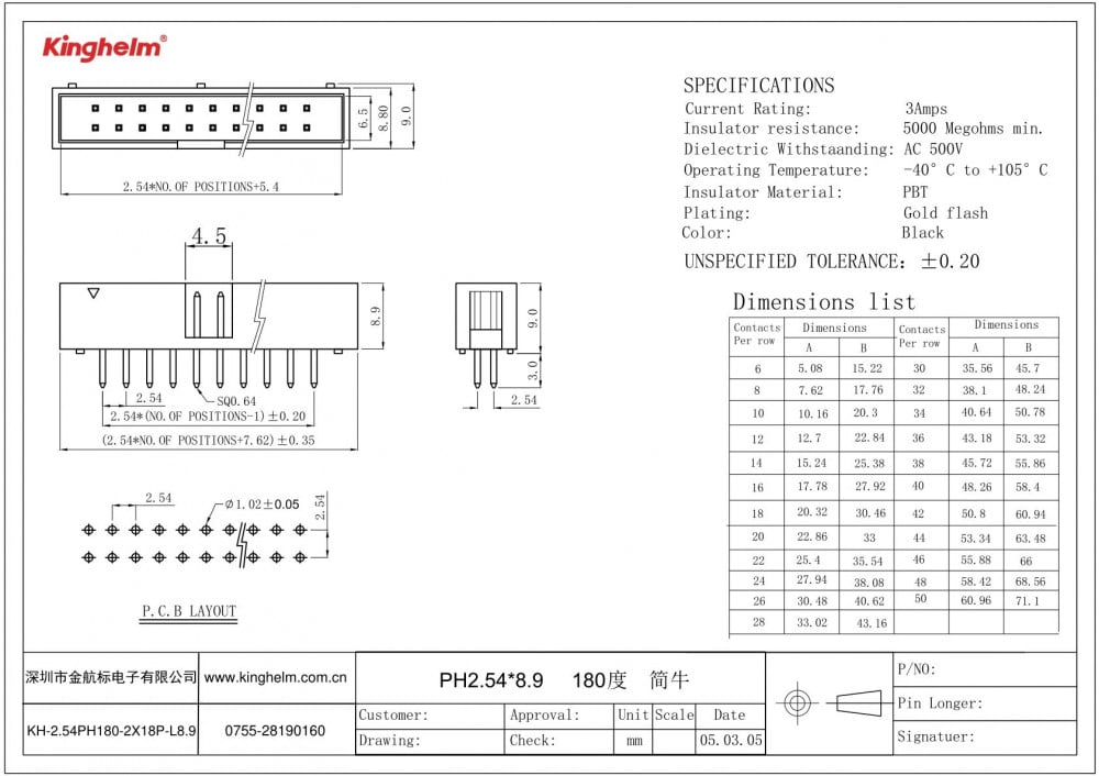 Kinghelm KH-2.54PH180-2X18P-L8.9 technical drawing