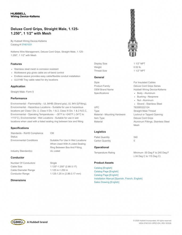 Product technical document preview for Burndy catalog 07401031