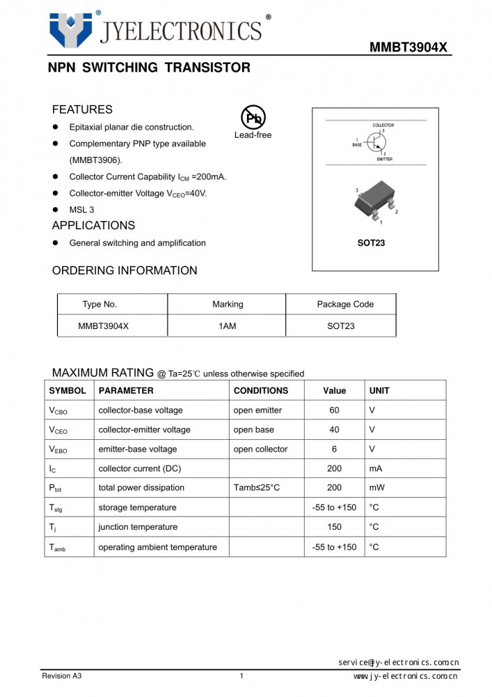 MMBT3904X datasheet page 1
