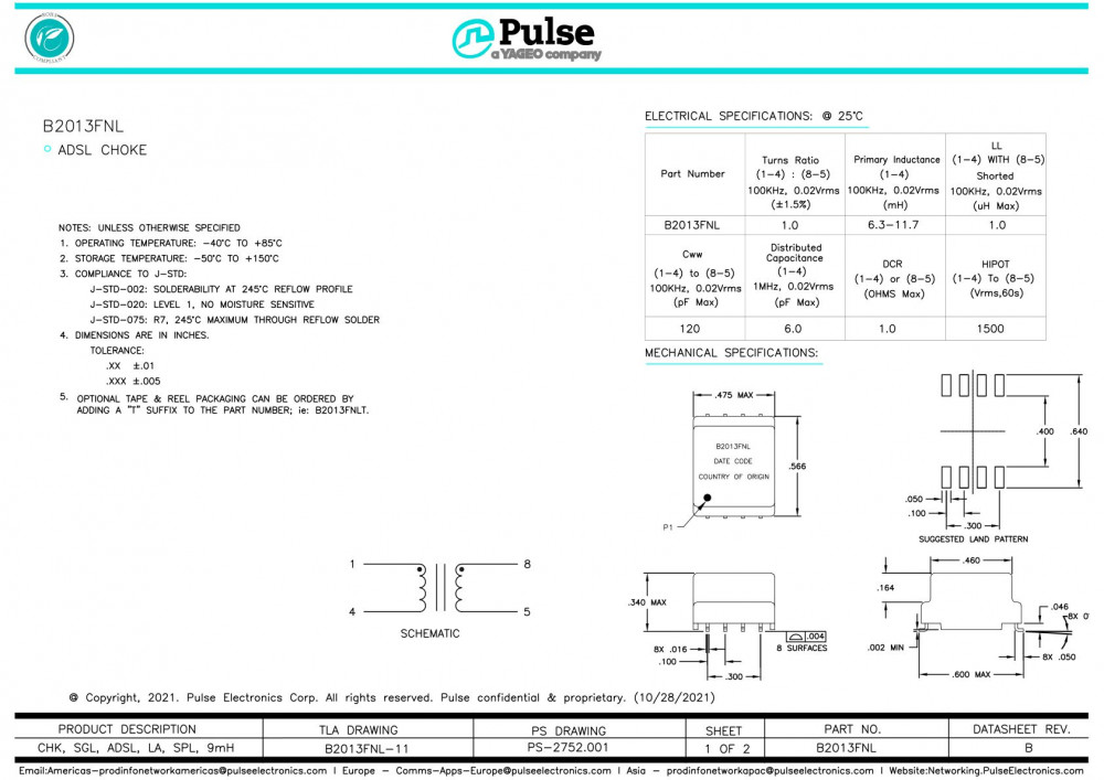 PULSE B2013FNL datasheet page 1