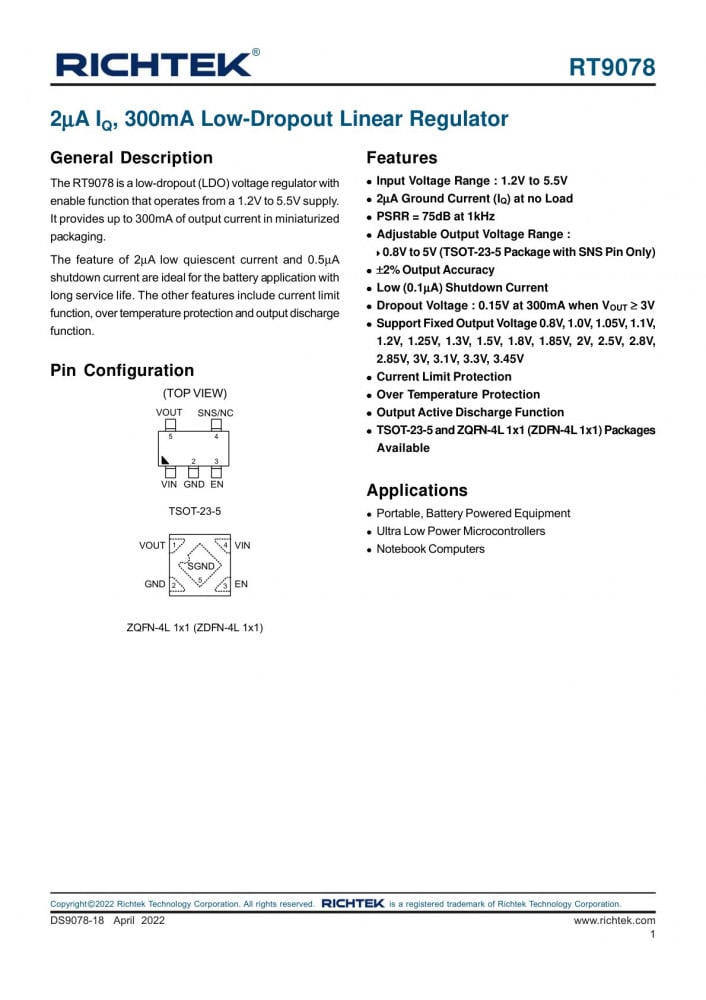 RT9078 datasheet page 1
