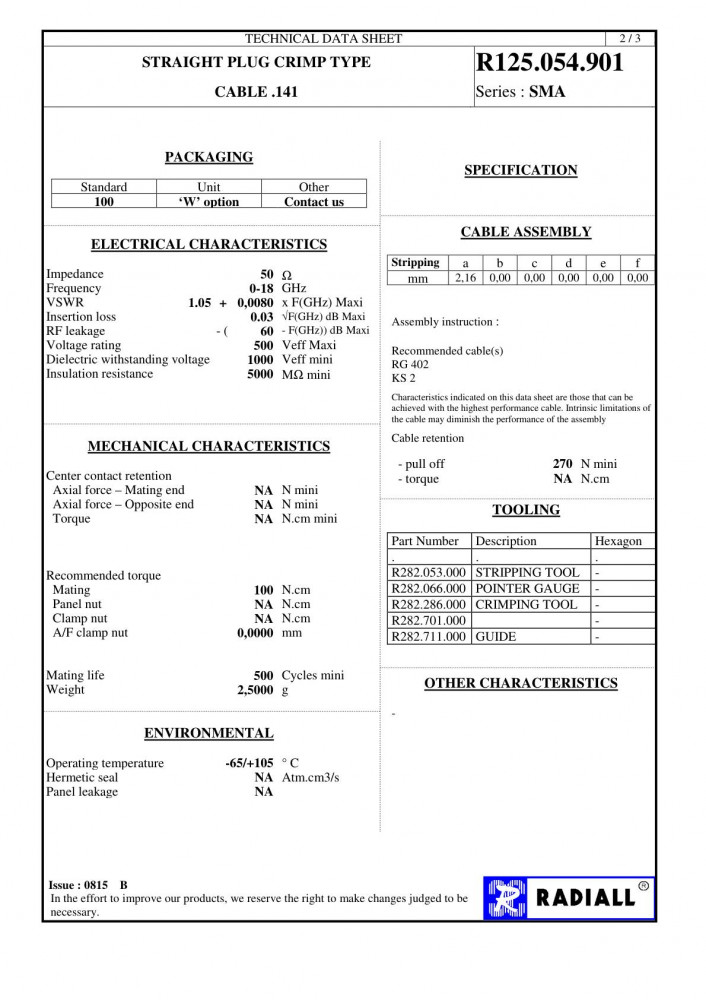 Radiall R125054901 electrical and mechanical specification page