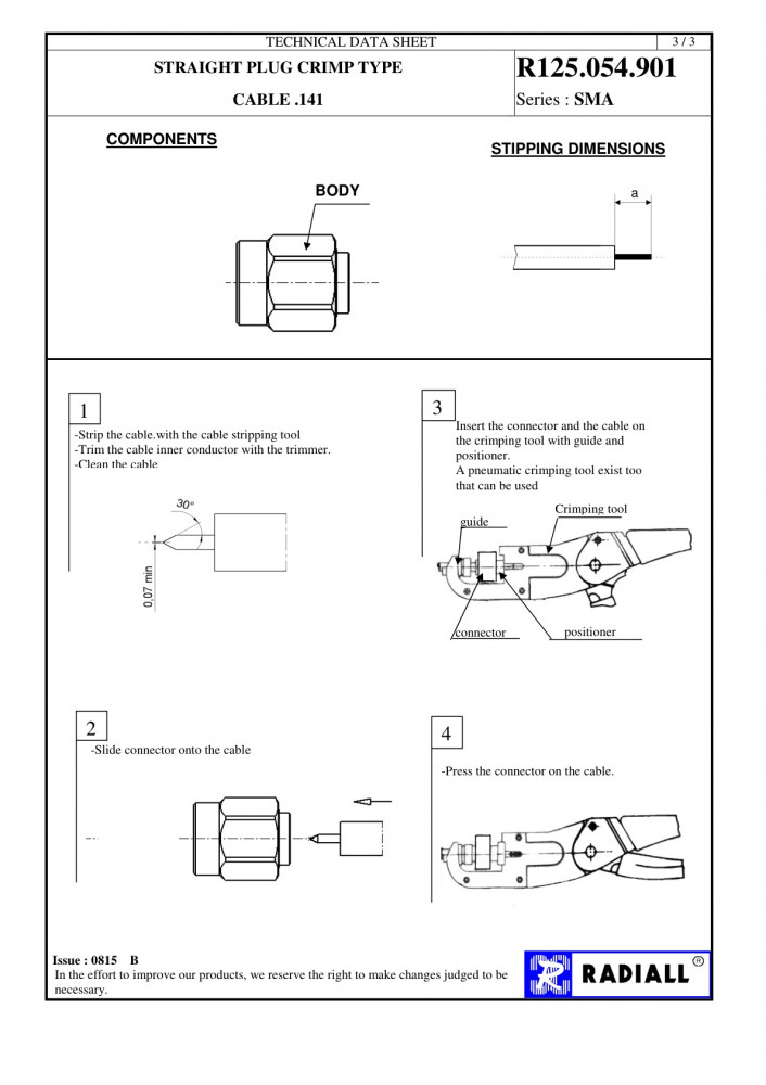 Radiall R125054901 cable preparation and assembly instruction page