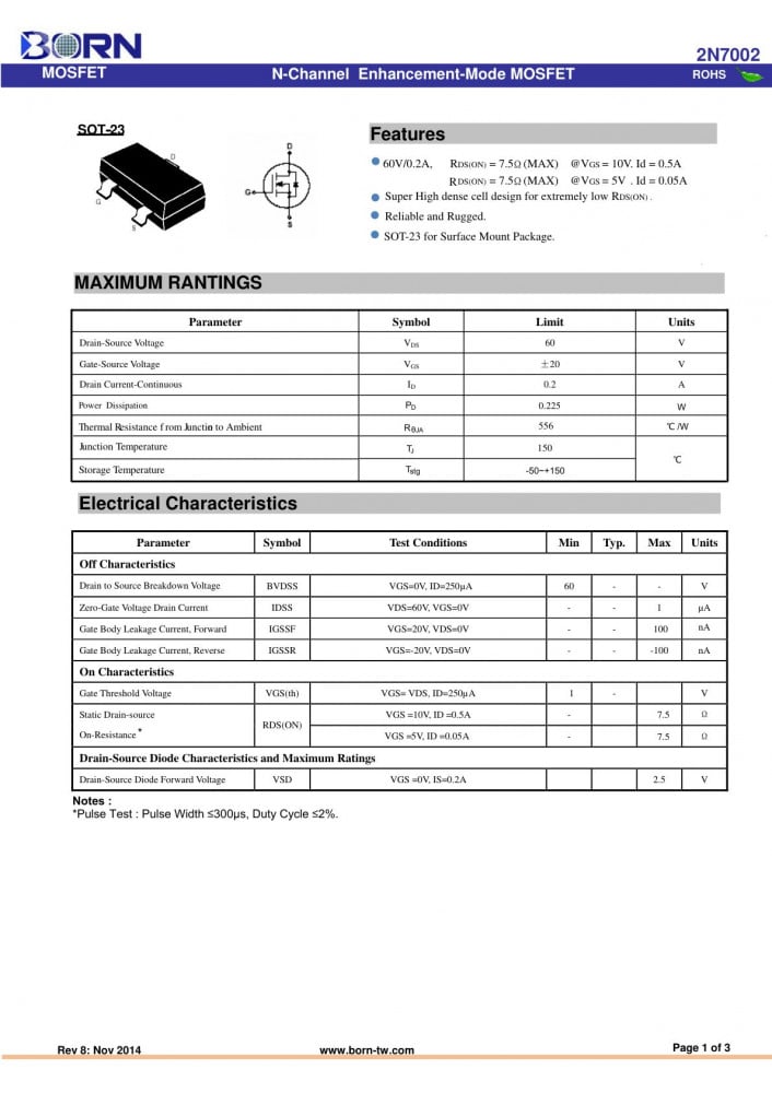 BORN 2N7002 datasheet page 1