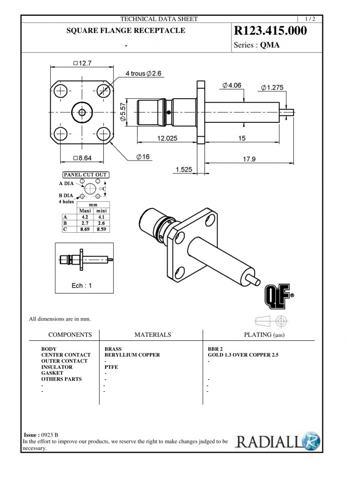 Radiall R123.415.000 QMA square flange receptacle datasheet, page 1