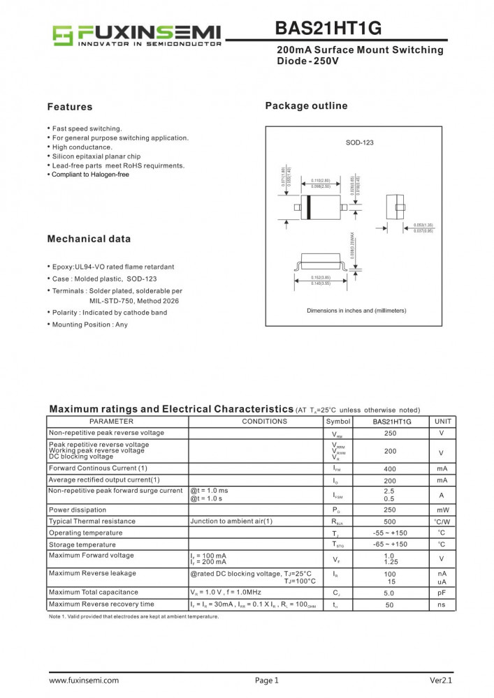 BAS21HT1G datasheet page 1