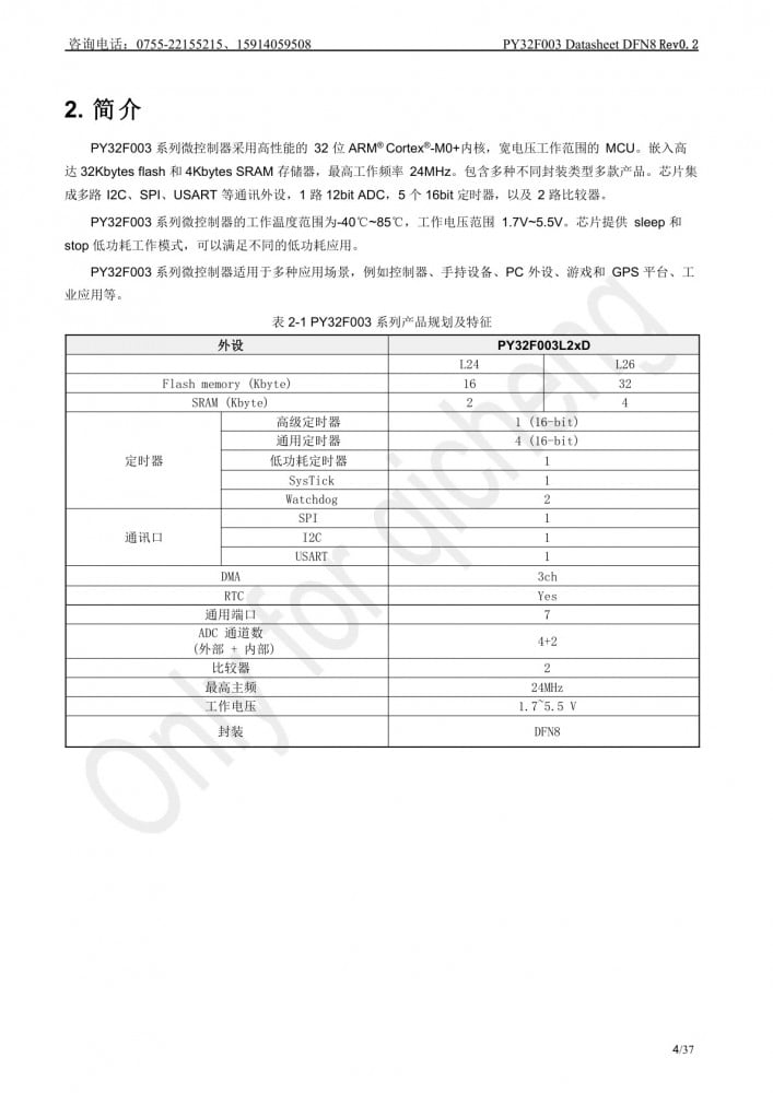 PY32F003L24D6TR document page 4