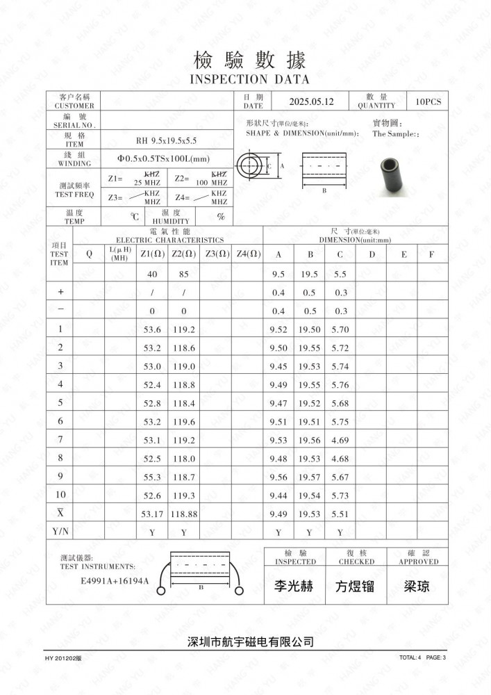RH 9.5 × 19.5 × 5.5 inspection data page