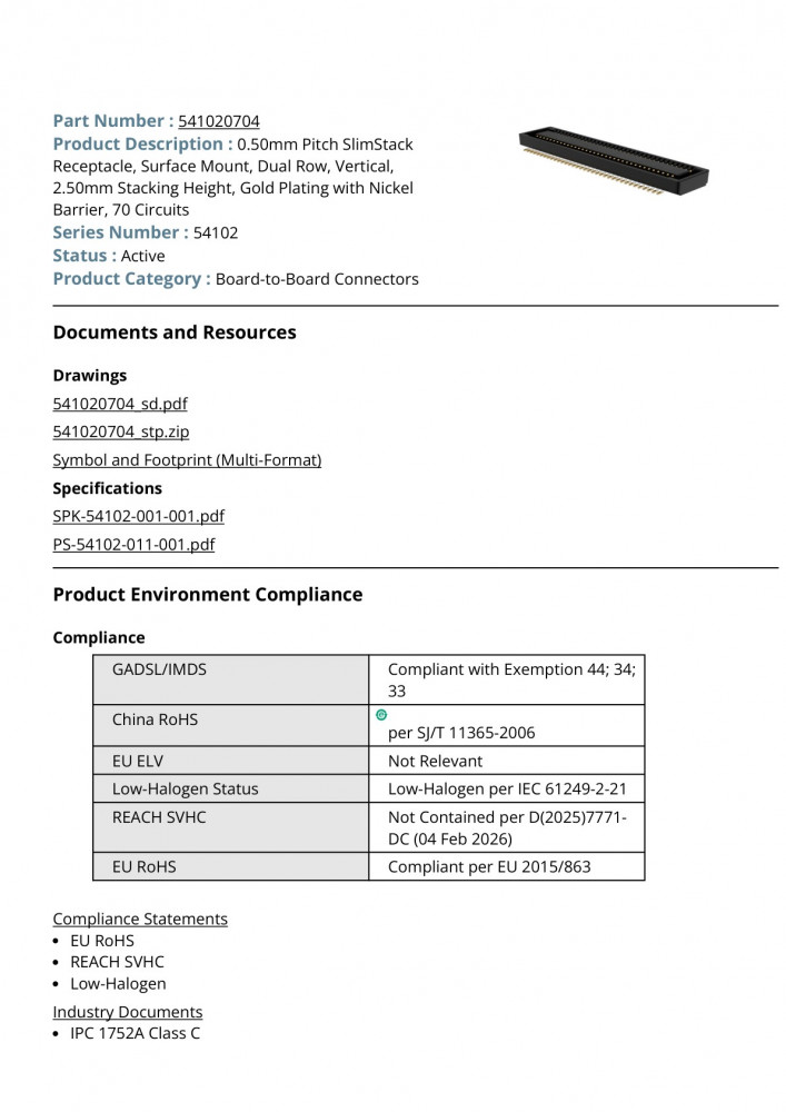 MOLEX 541020704 technical document preview, page 1