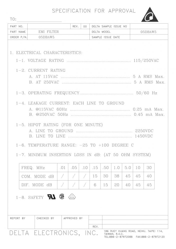 DELTA 05DBAW5 EMI filter specification page