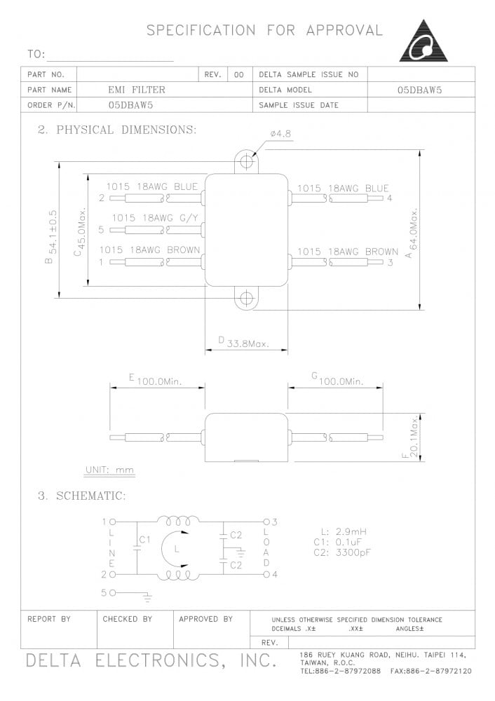 DELTA 05DBAW5 EMI filter mechanical and schematic page